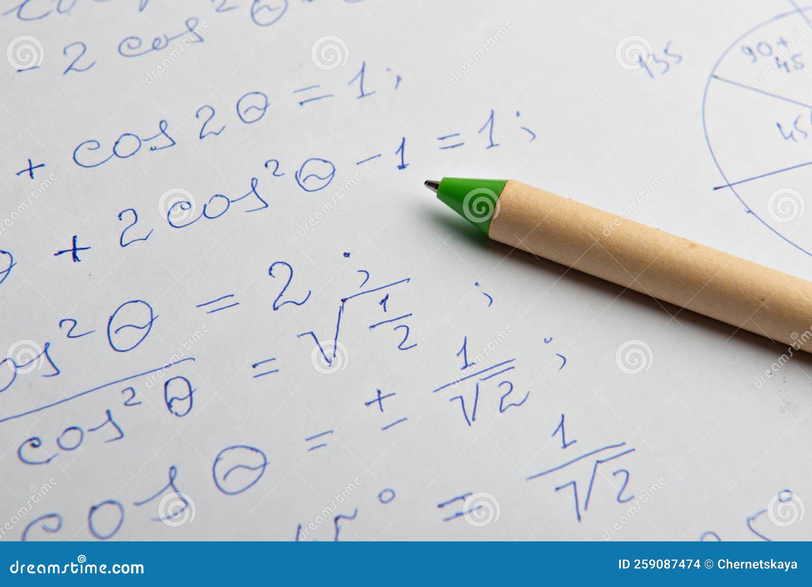 Paper with Written Mathematical Calculations and Pen, Closeup Stock ...