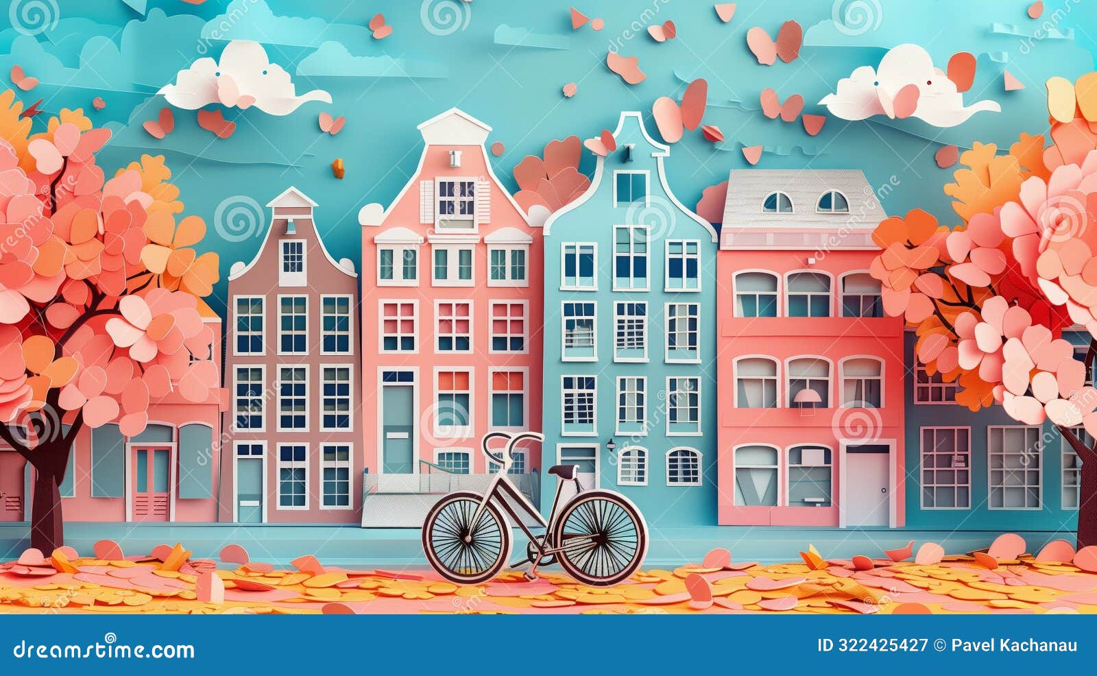 A Papercraft Bicycle in Front of Pastel-colored Houses Stock ...