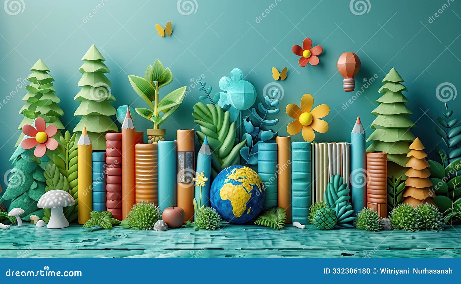Papercraft Forest Scene with Books and Globe Stock Illustration ...
