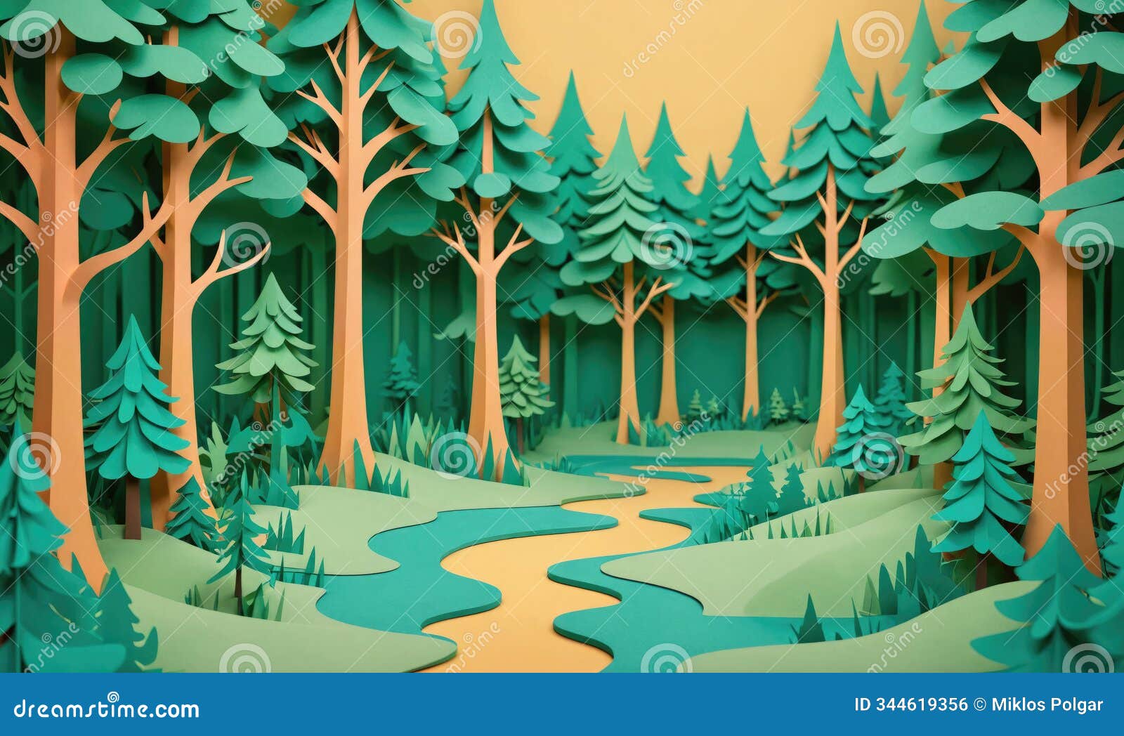 A Papercraft Forest Scene with a Winding River Flowing through it Stock ...