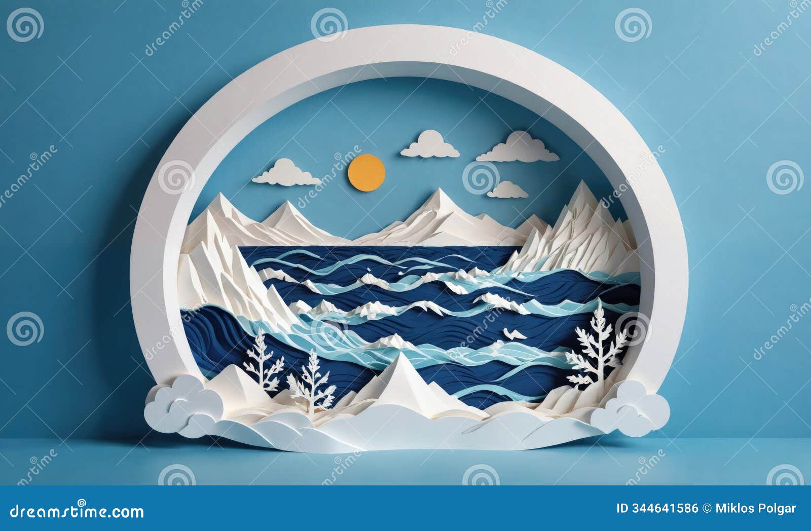 A Papercraft Scene of Mountains, Waves, and Clouds Against a Blue ...