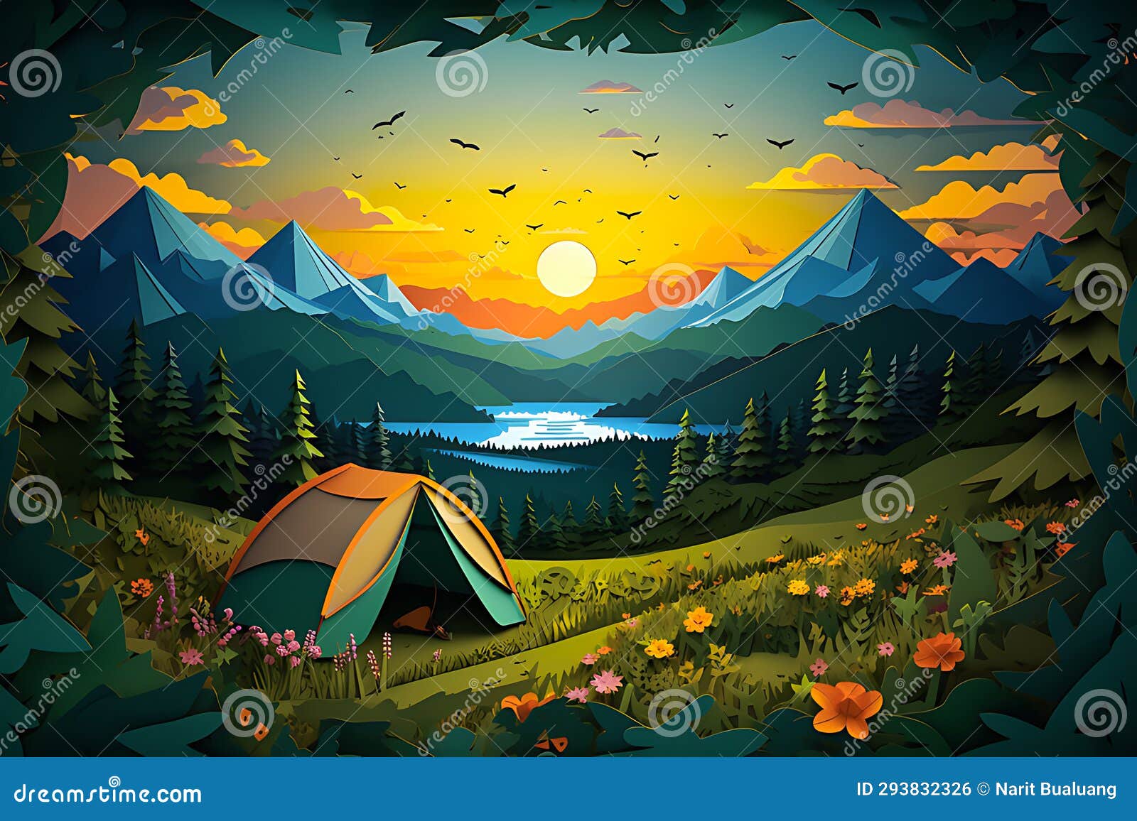 Papercut Art Images of Camping Trips in the Forest Stock Photo - Image ...