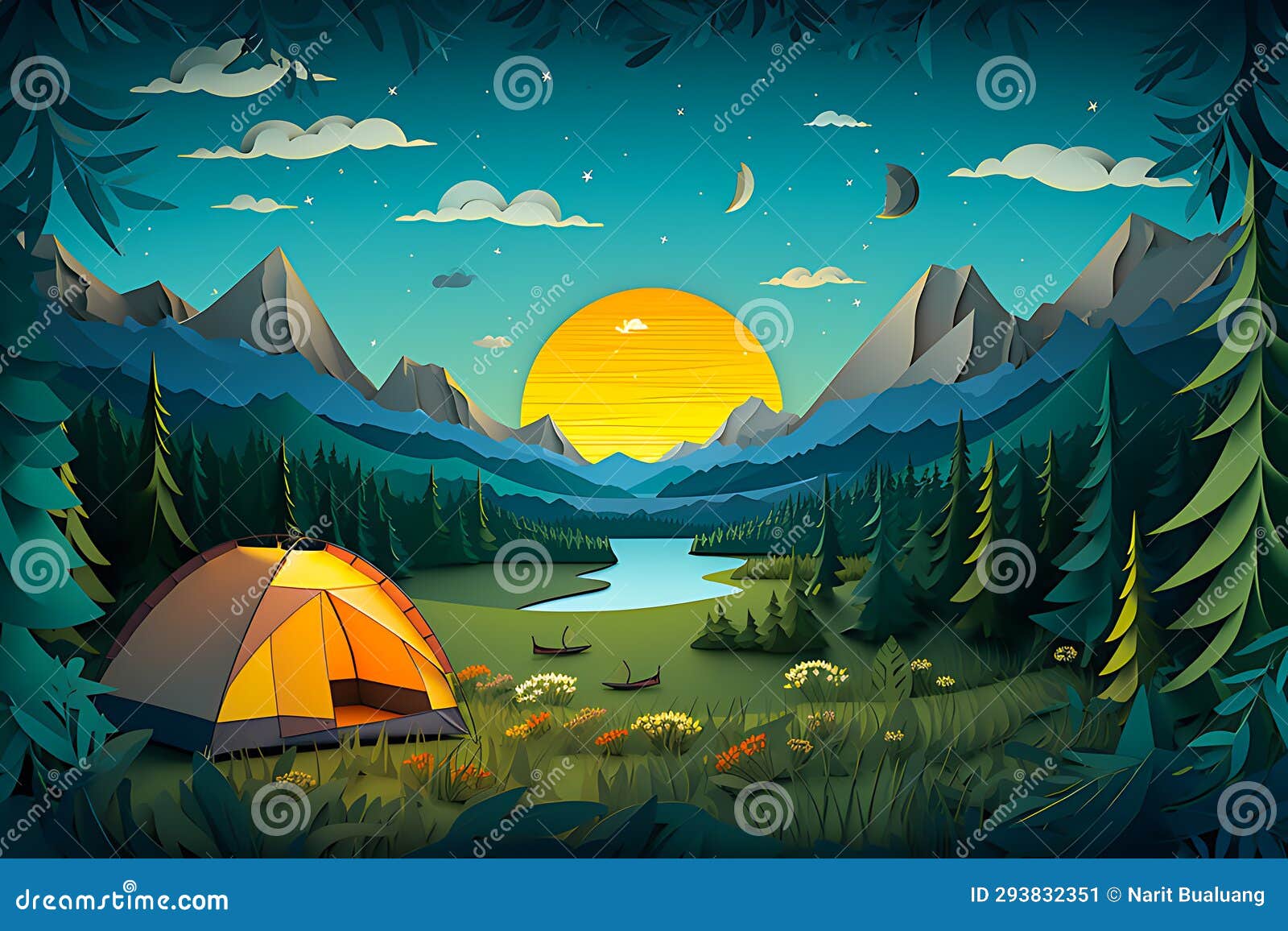 Papercut Art Images of Camping Trips in the Forest Stock Image - Image ...