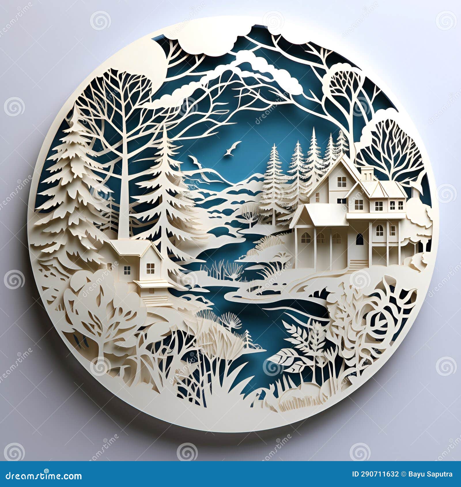 Papercut Design of Natural Scenery and Cabins, Ai Generative Stock ...