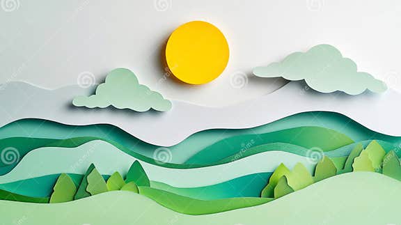 Papercut Landscape with Sun and Clouds Stock Illustration ...