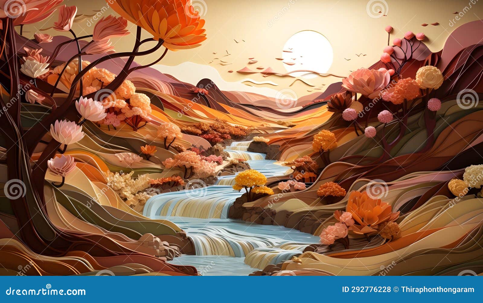 Papercut Landscape with Tree, River Stock Illustration - Illustration ...