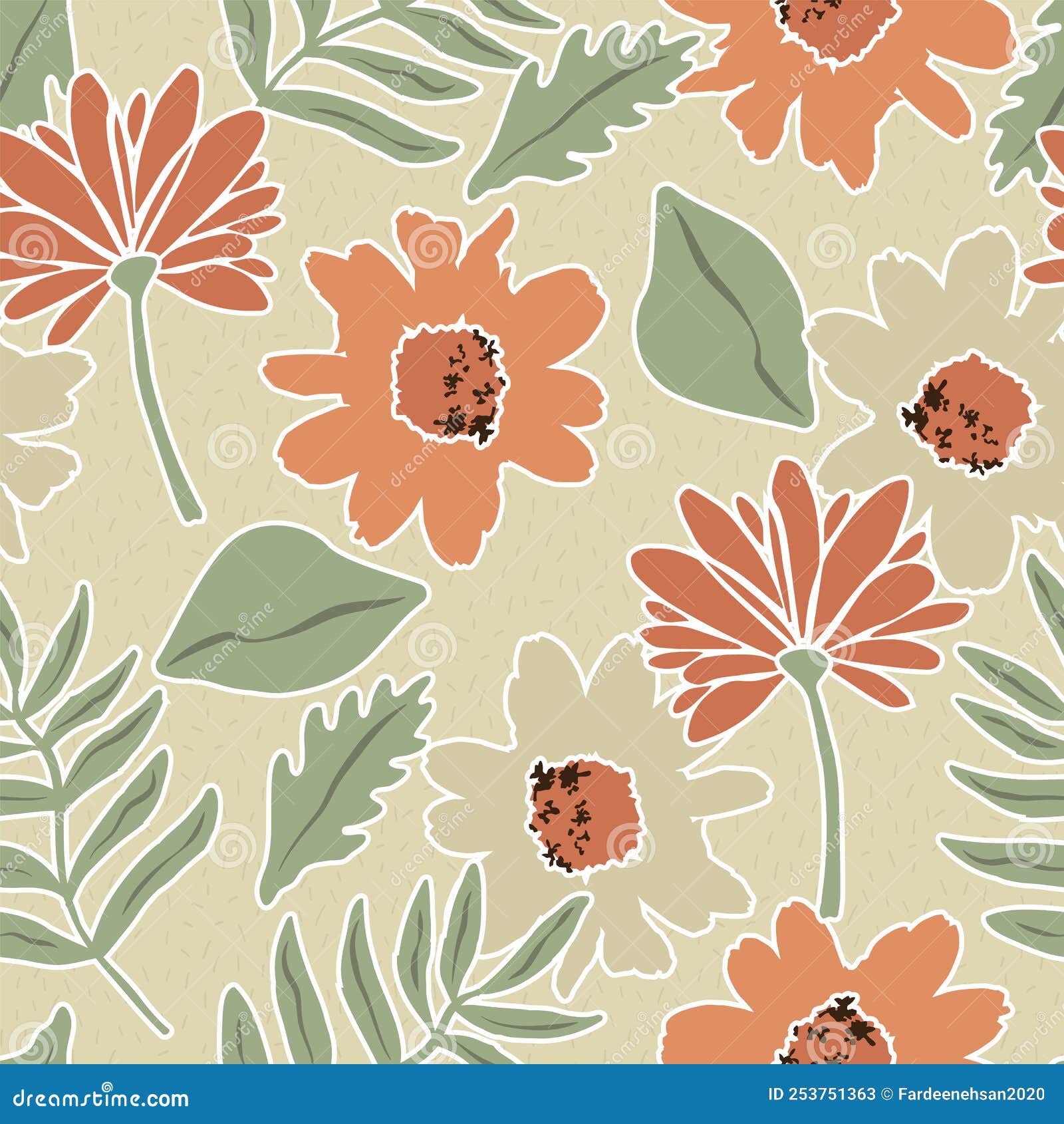 Papercut Style Retro Floral Seamless Pattern Surface Design Stock ...