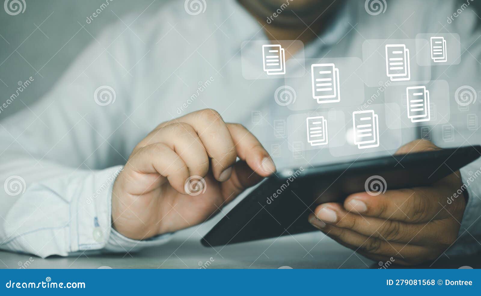 Paperless Concept. Man Holding a Tablet Checking on the Electronic Form Documentation Checklist ...