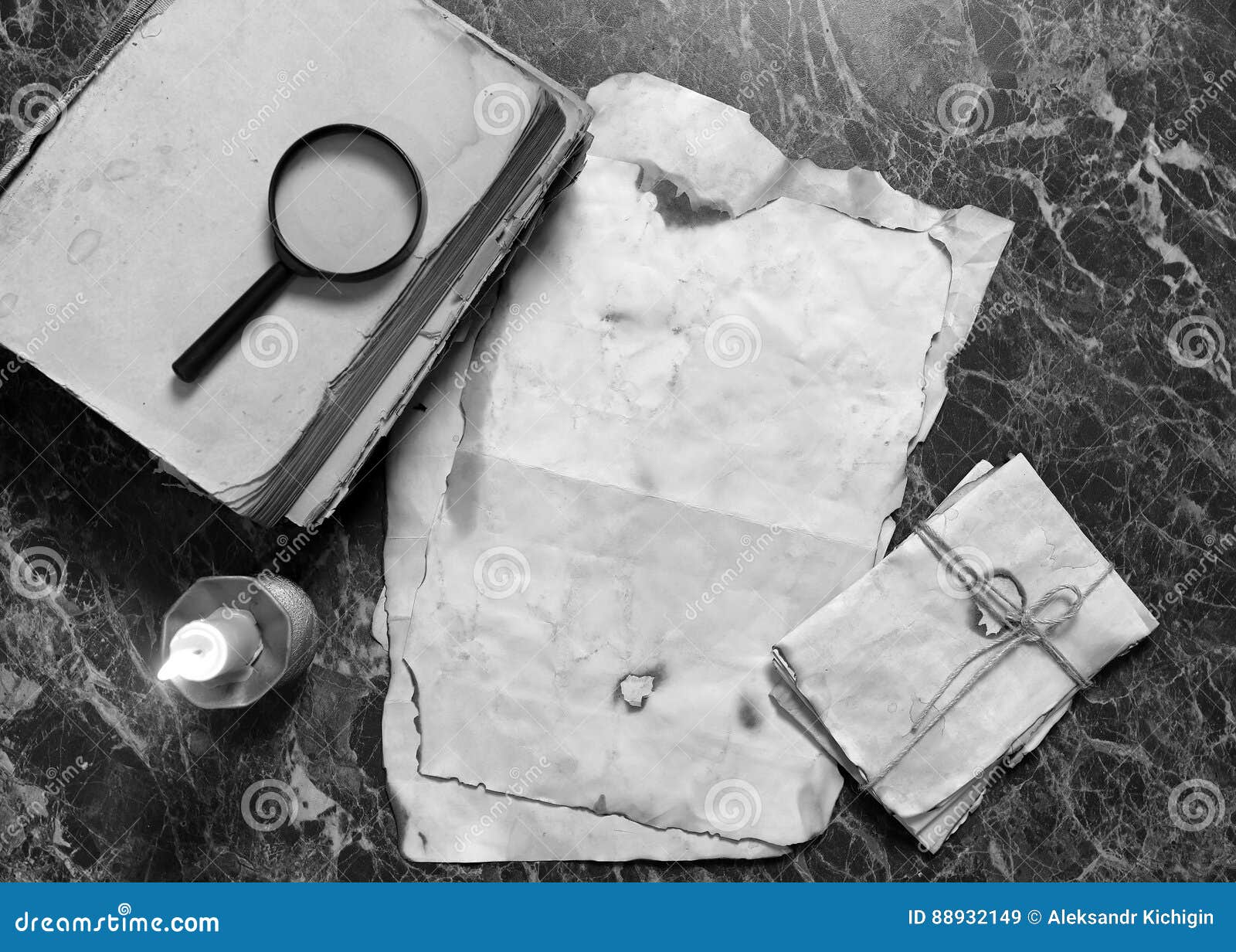 Papers and Book on Detective Work Table with Tools Stock Image - Image ...