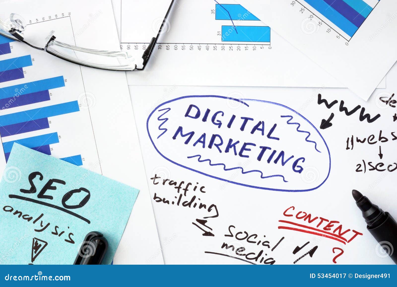 Papers with Graphs and Digital Marketing Stock Image - Image of agency ...