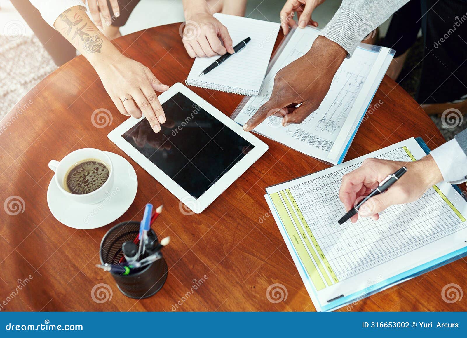 Paperwork, Hands and Tablet in Workplace with Spreadsheet, Notebook and ...