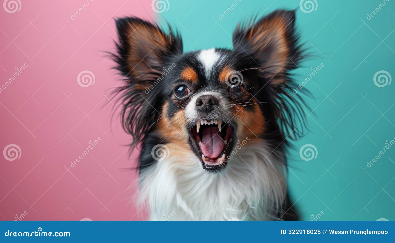 Papillon, Angry Dog Baring Its Teeth, Studio Lighting Pastel Background ...