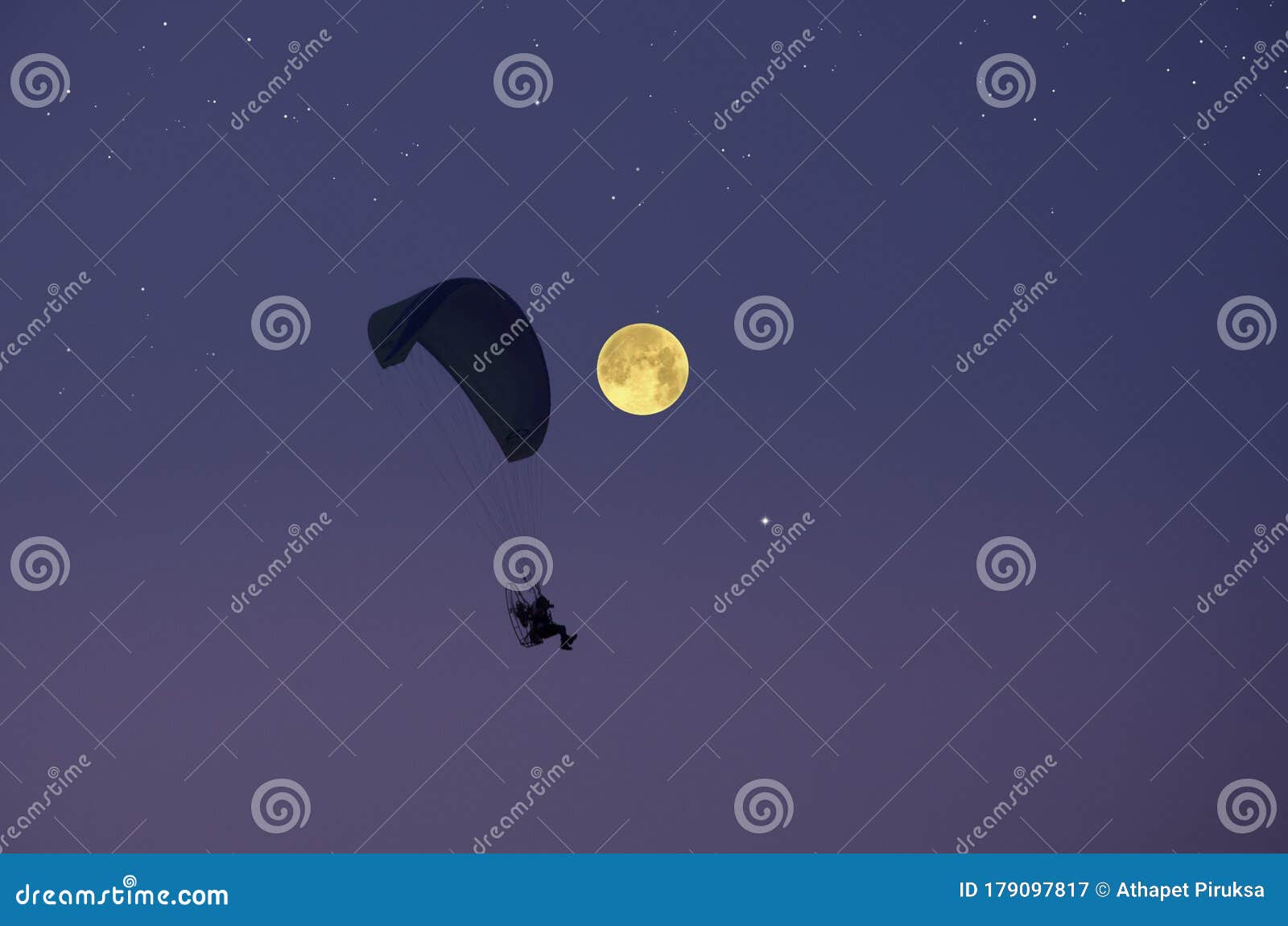 Parachute and Full Moon in Starry Sky in the Evening Stock Image ...