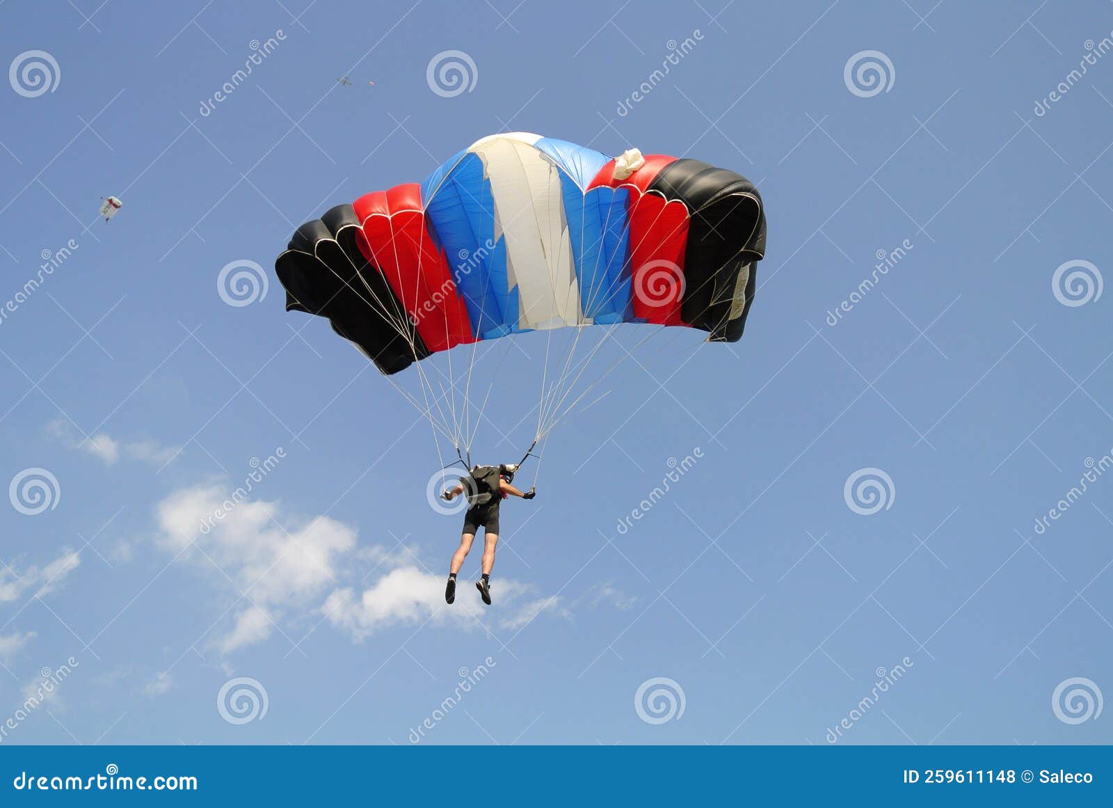 Parachuter with Black, Red, Blue, White Parachute Skydiving on ...