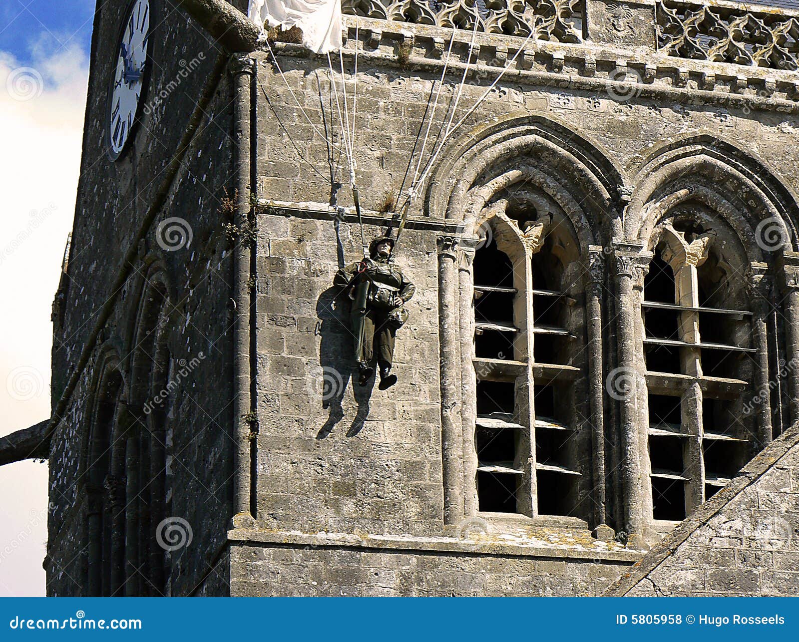 Parachutist in Bell Tower, Normandy Stock Photo - Image of tower ...