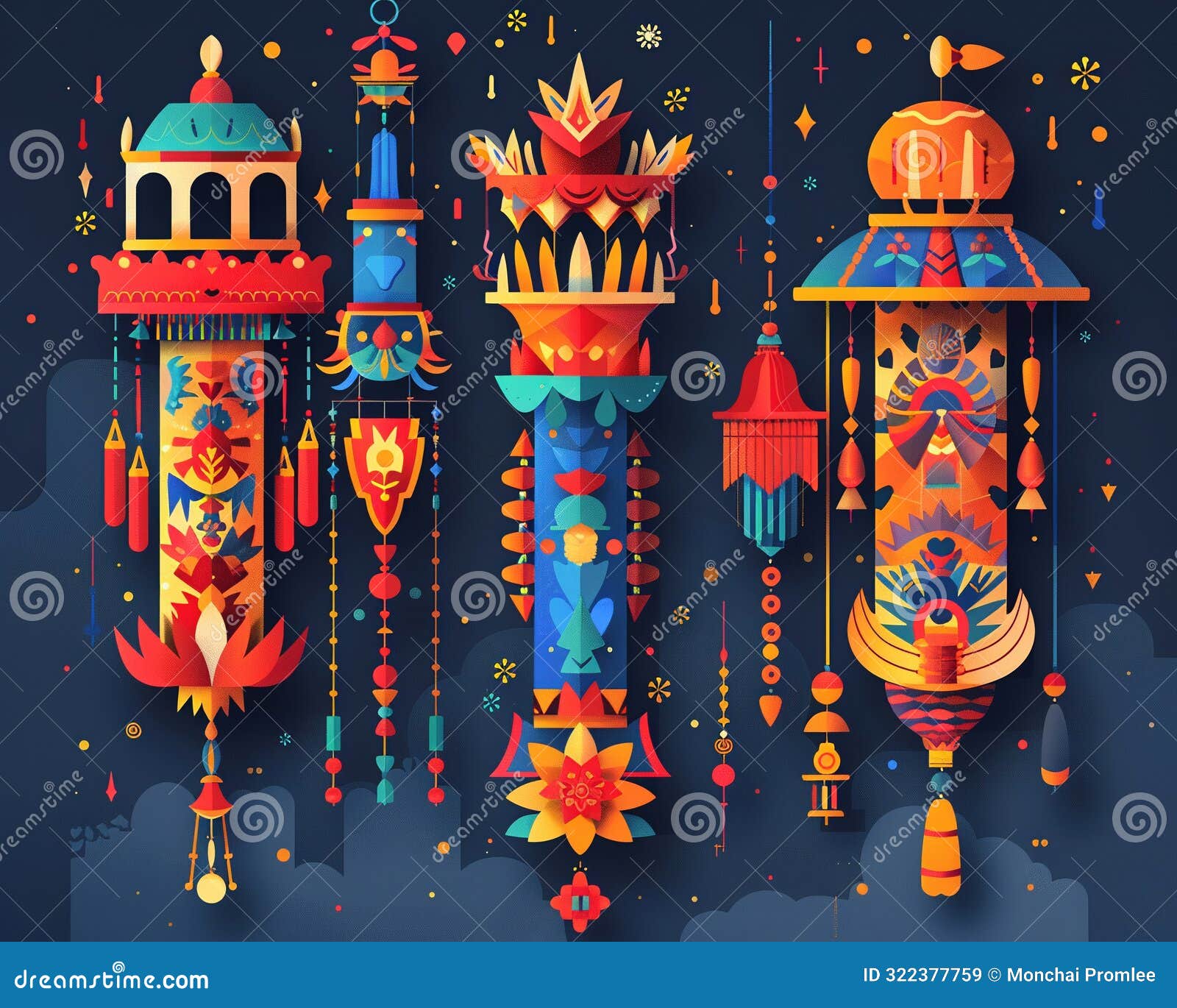 A Parade Of Floats Decorated With Symbols And Motifs From Different ...