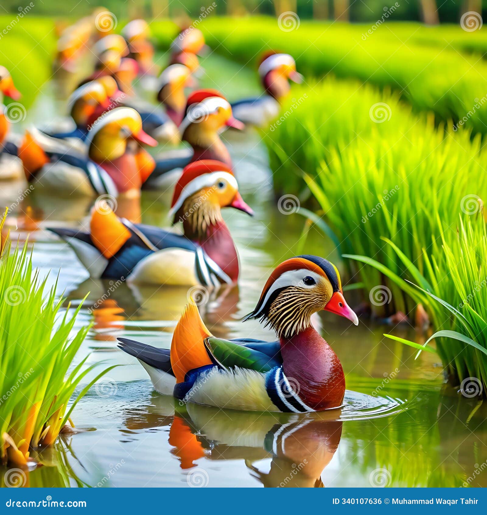 Parade Of Mandarin Ducks Gliding Through The Rice Fields Stock Photo ...