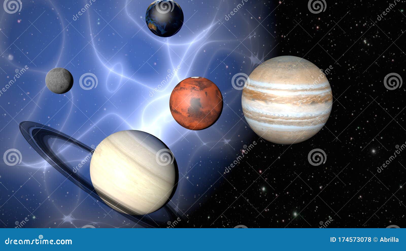 Parade of Planets and a Mysterious Nebula. 3D Rendering Stock ...