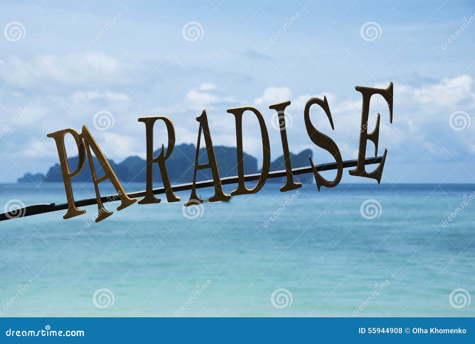 Paradise Sign with a Sea and Islands on Background Stock Photo - Image ...