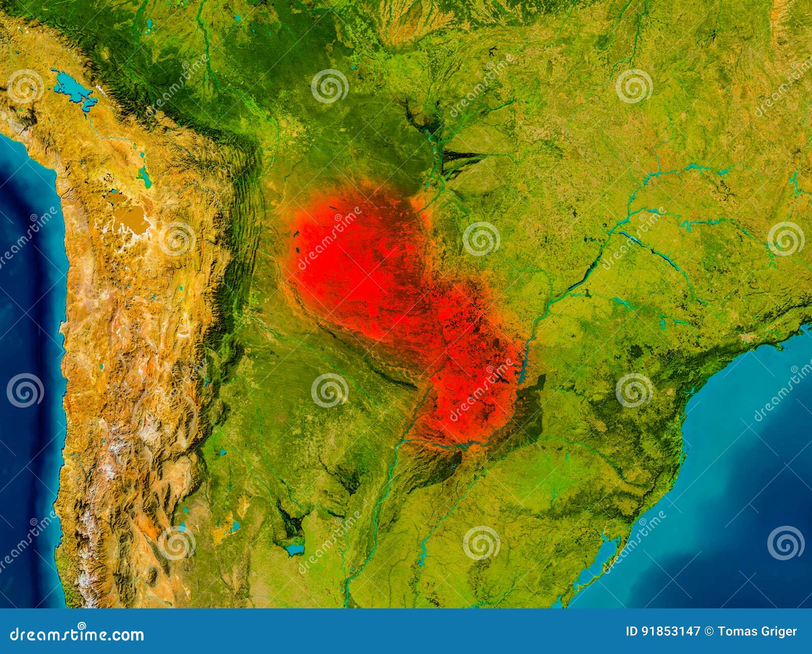 Paraguay on physical map stock illustration. Illustration of globe ...
