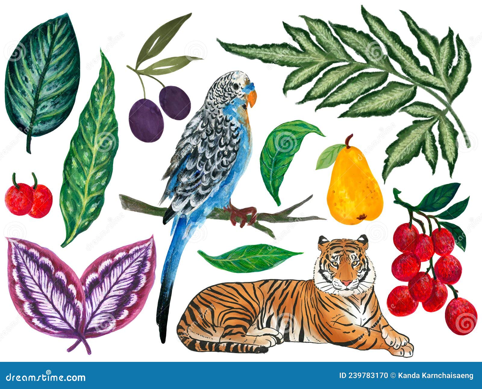 Parakeet Bird and Tiger Animal with Fruit Plants Foliage Leaf Seamless ...