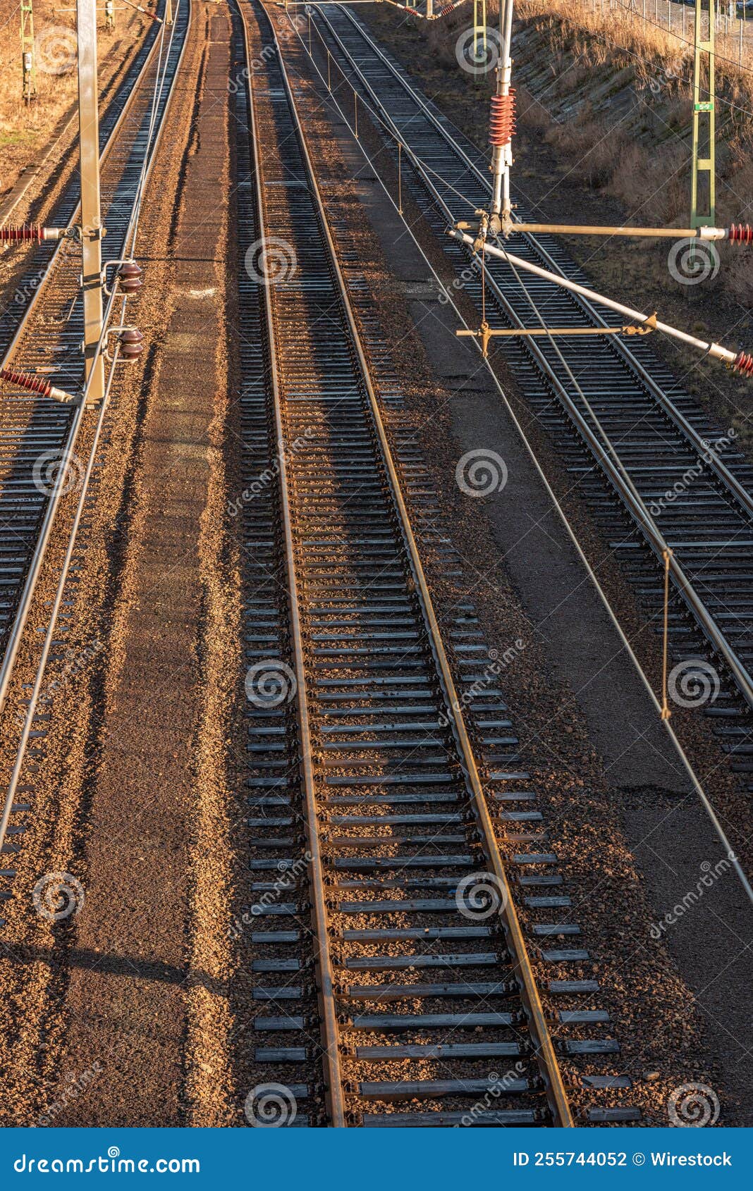 Parallel Railway Tracks and Power Lines in Low Sunlight. Stock Photo ...