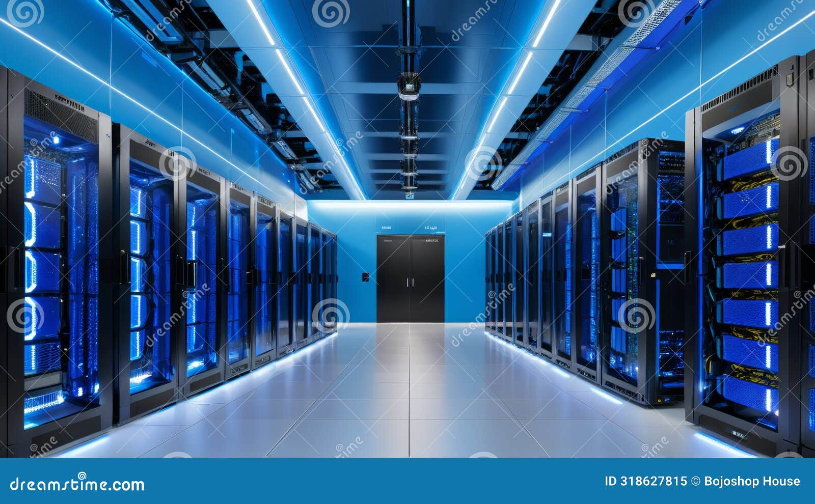 A Parallel Row of Servers, Adorned in Electric Blue, Fills a Technology ...