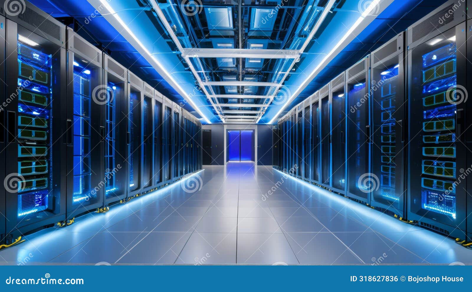 A Parallel Row Of Servers, Adorned In Electric Blue, Fills A Technology ...