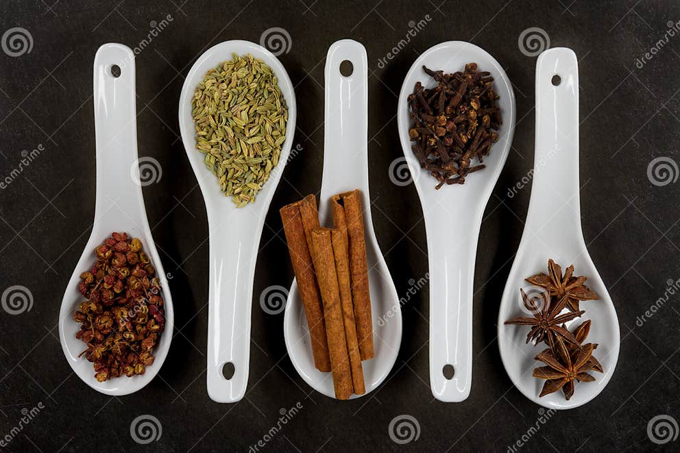 Parallel Spoons of Five Spice Top View Stock Photo - Image of five ...