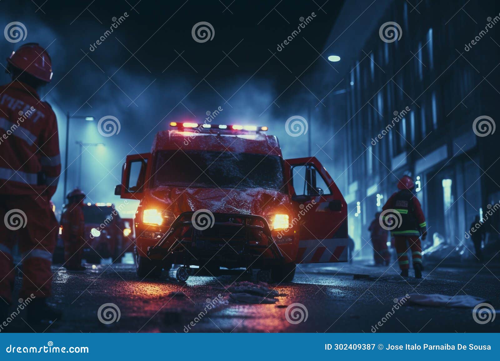 Car Accident Scene Of Road Crush With Ambulance Over City Background ...