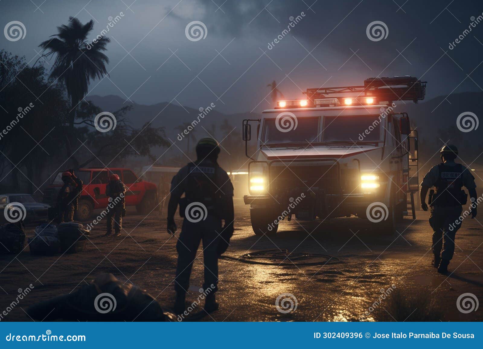 Paramedics Responding To A Nighttime Car Accident Scene With Emergency ...