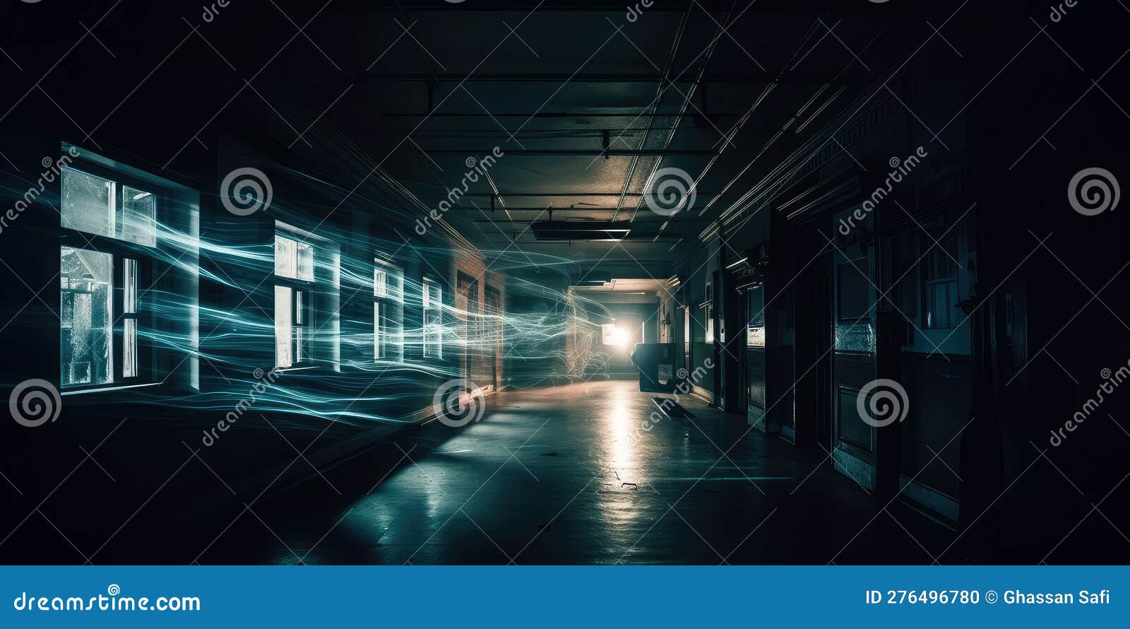 Paranormal Activity Inside an Empty School Corridor at Night Time Stock ...