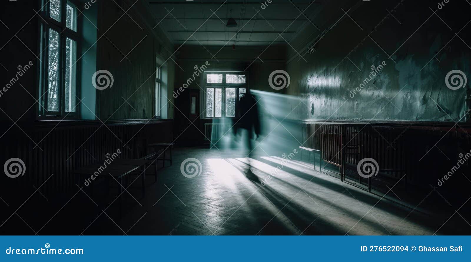 Paranormal Activity Inside an Empty School Corridor at Night Time Stock ...
