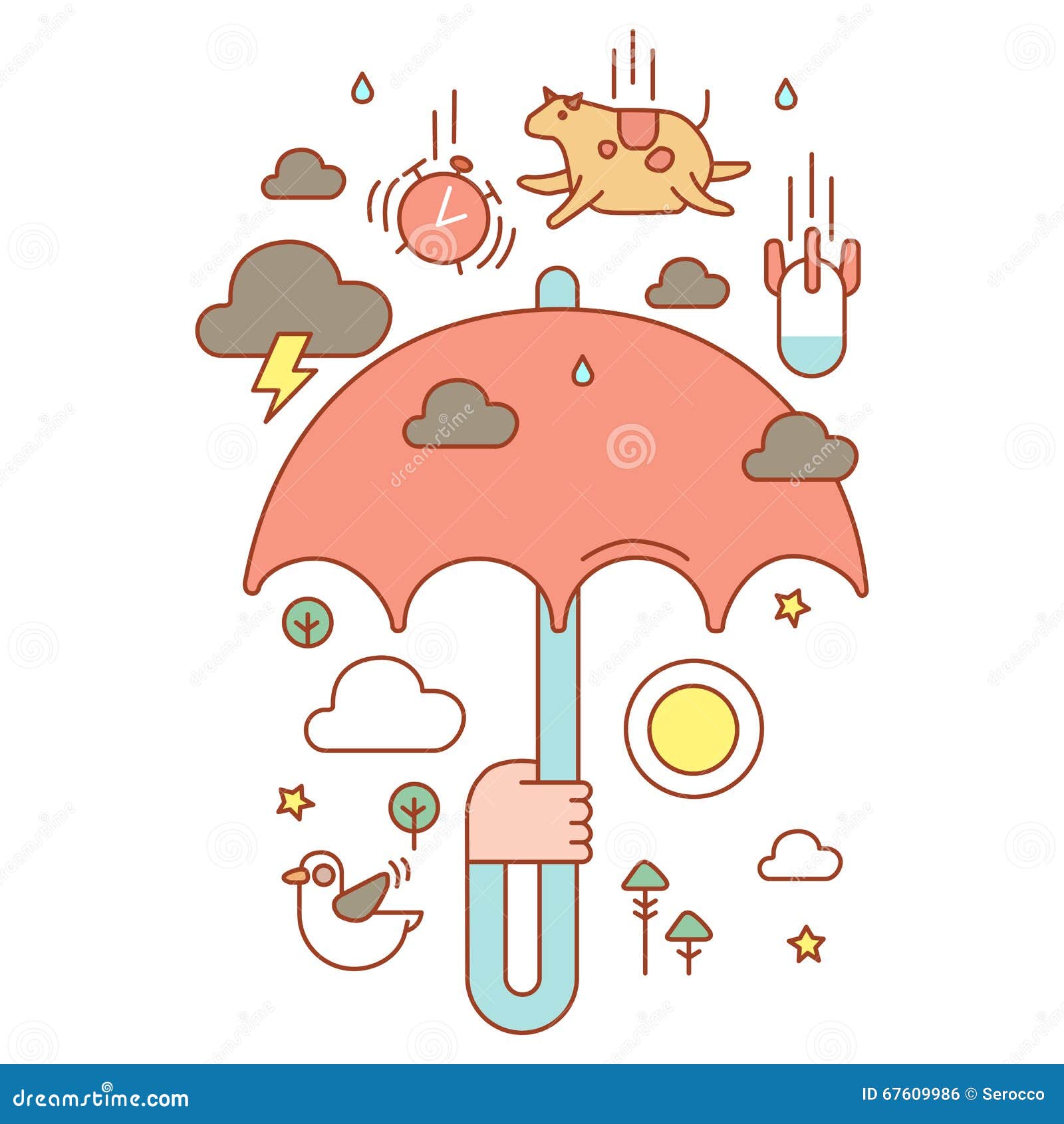 Paraply i hand med regn vektor illustrationer. Illustration av klocka ...