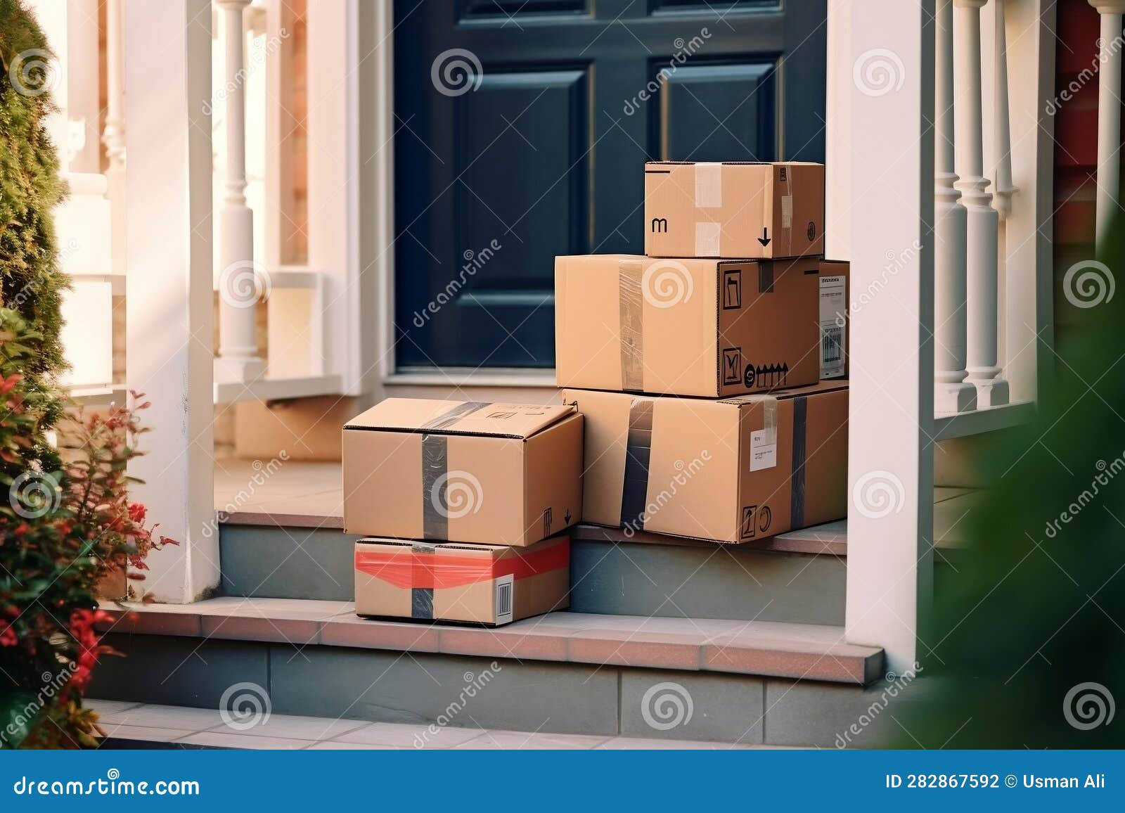 Parcel Delivery by Courier: Packages at the Door. AI Stock Illustration ...