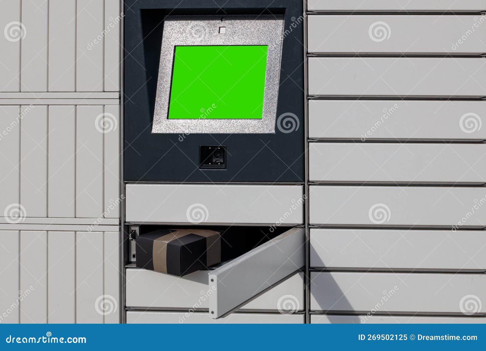 A Parcel Dispatch Machine, Terminal Screen. Open Parcel Box. Black ...