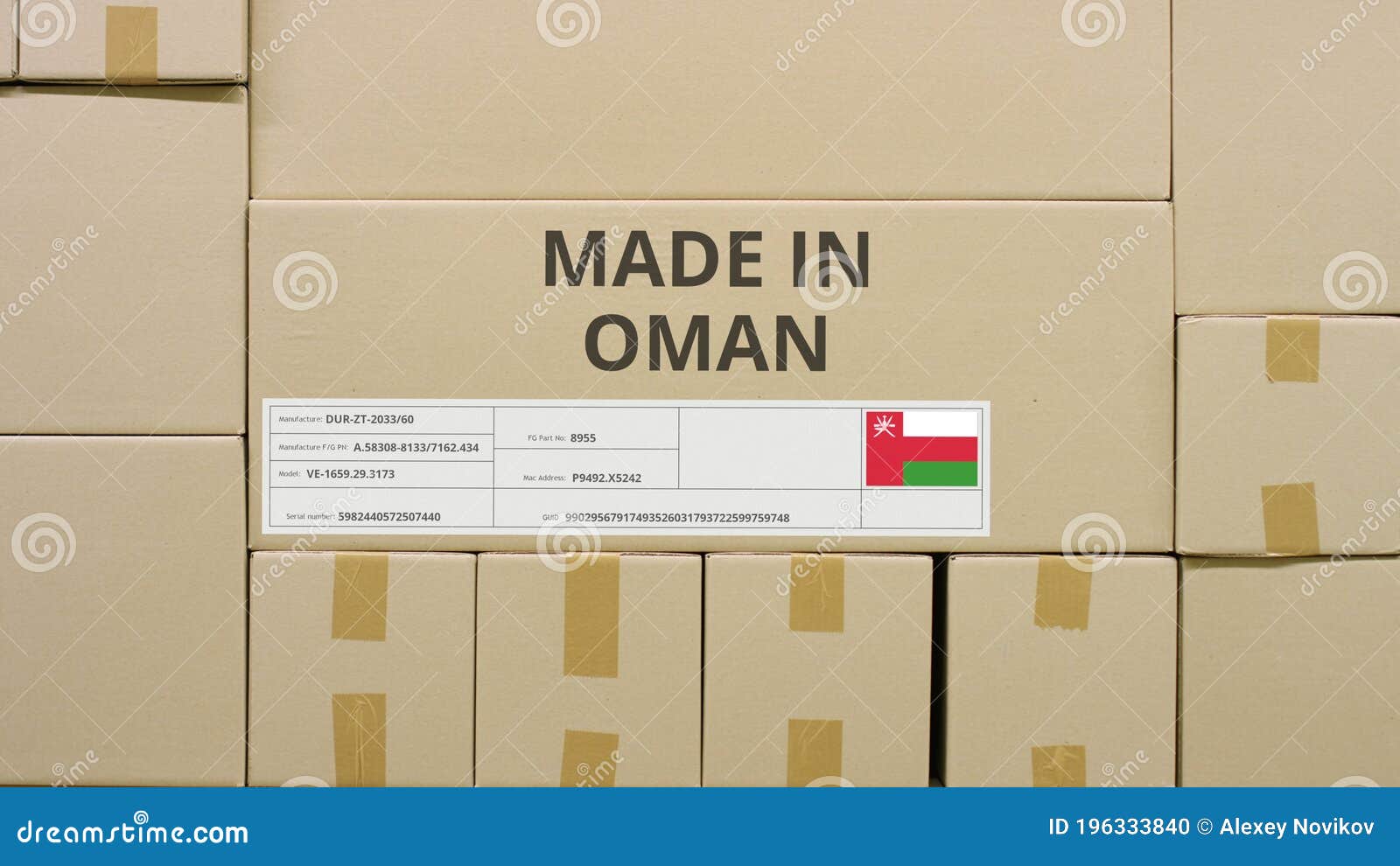 Box with Printed MADE in OMAN Text and Flag Sticker in a Warehouse ...