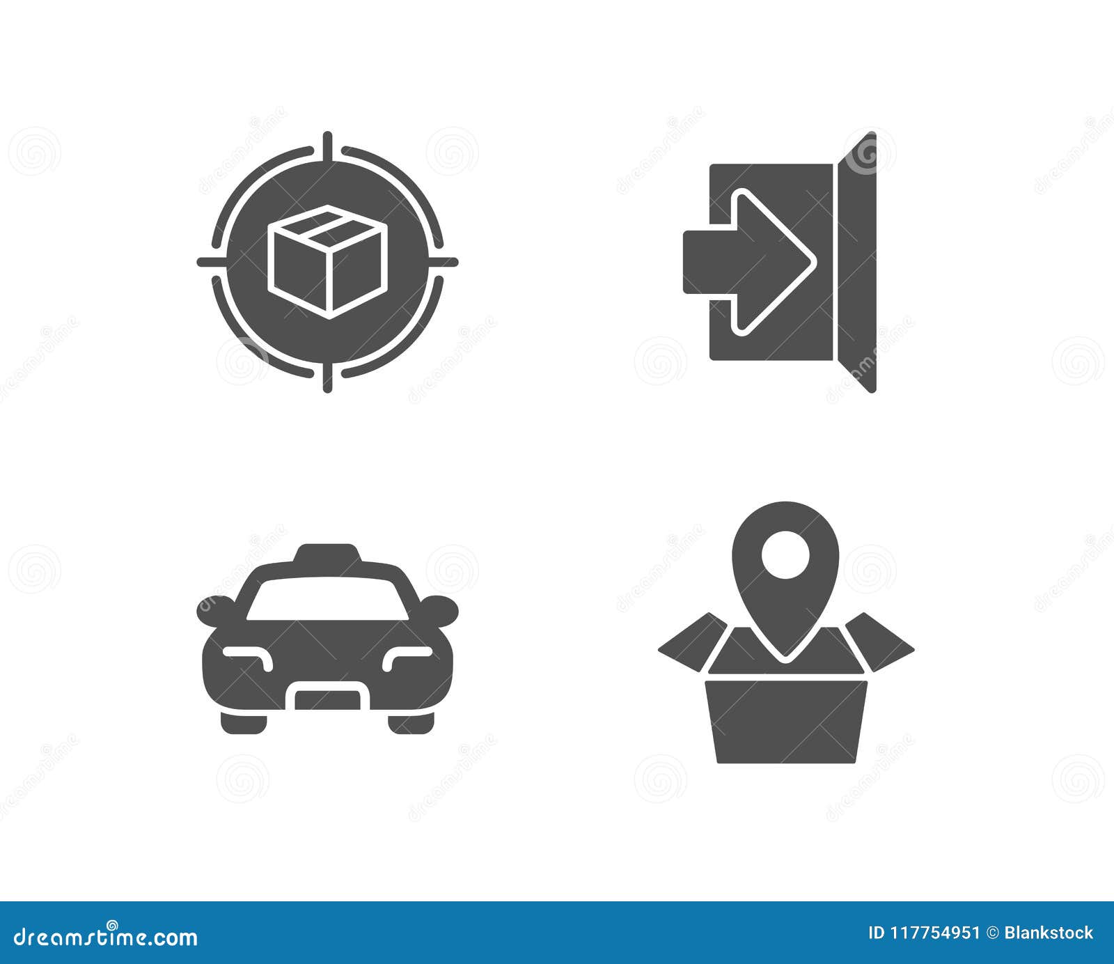 Parcel Tracking, Exit and Taxi Icons. Package Location Sign. Box in ...