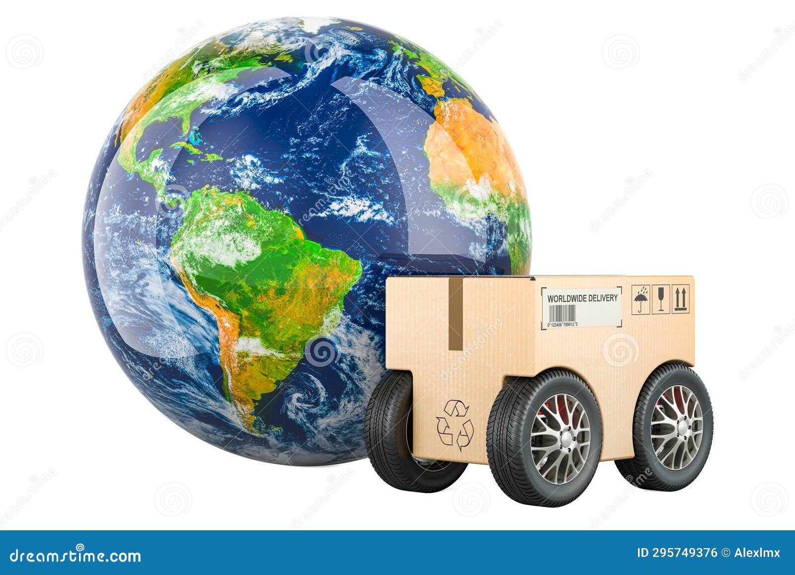 Parcel with Wheels and Earth Globe. Worldwide Fast Delivery Concept, 3D ...