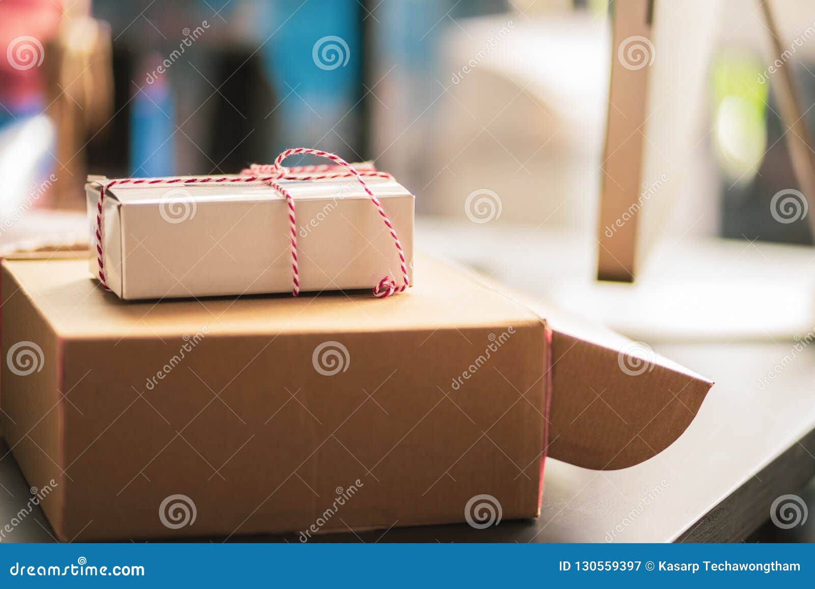 Parcel Wrapped Tied with Rope on Table at Post Office .selective Stock ...