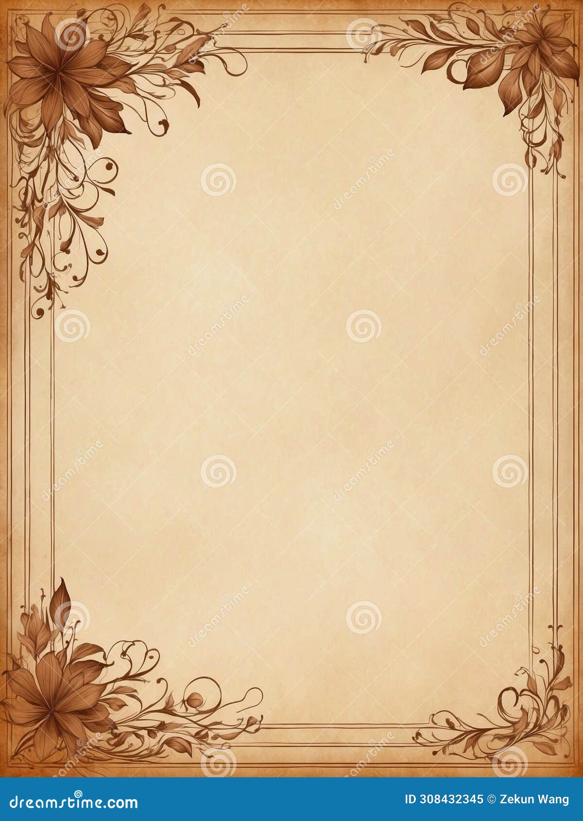 Parchment Paper Background With Simple Brown Line Border And Flower ...