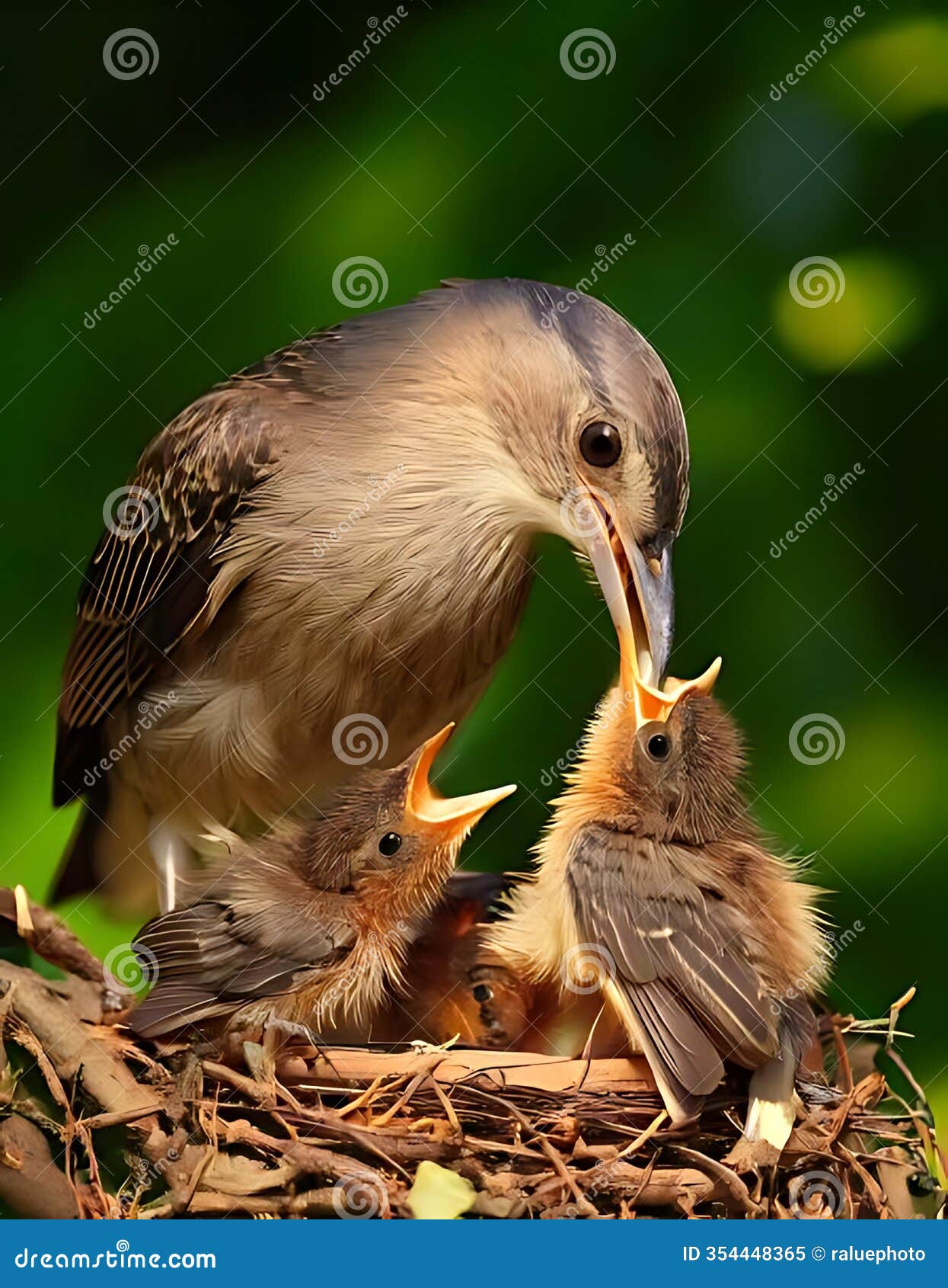 A Parent Bird is Lovingly Feeding Their Two Baby Chicks in the Nest ...