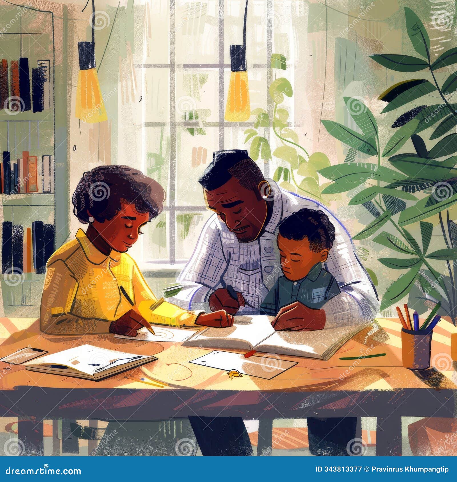 Parent and Child Sharing a Table Working and Doing Homework Stock ...