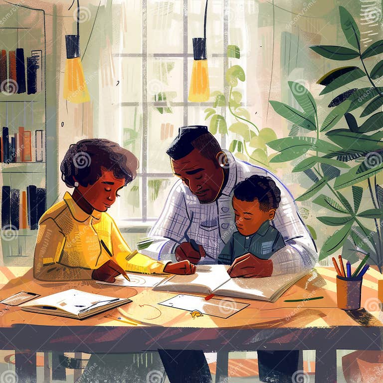 Parent and Child Sharing a Table Working and Doing Homework Stock ...