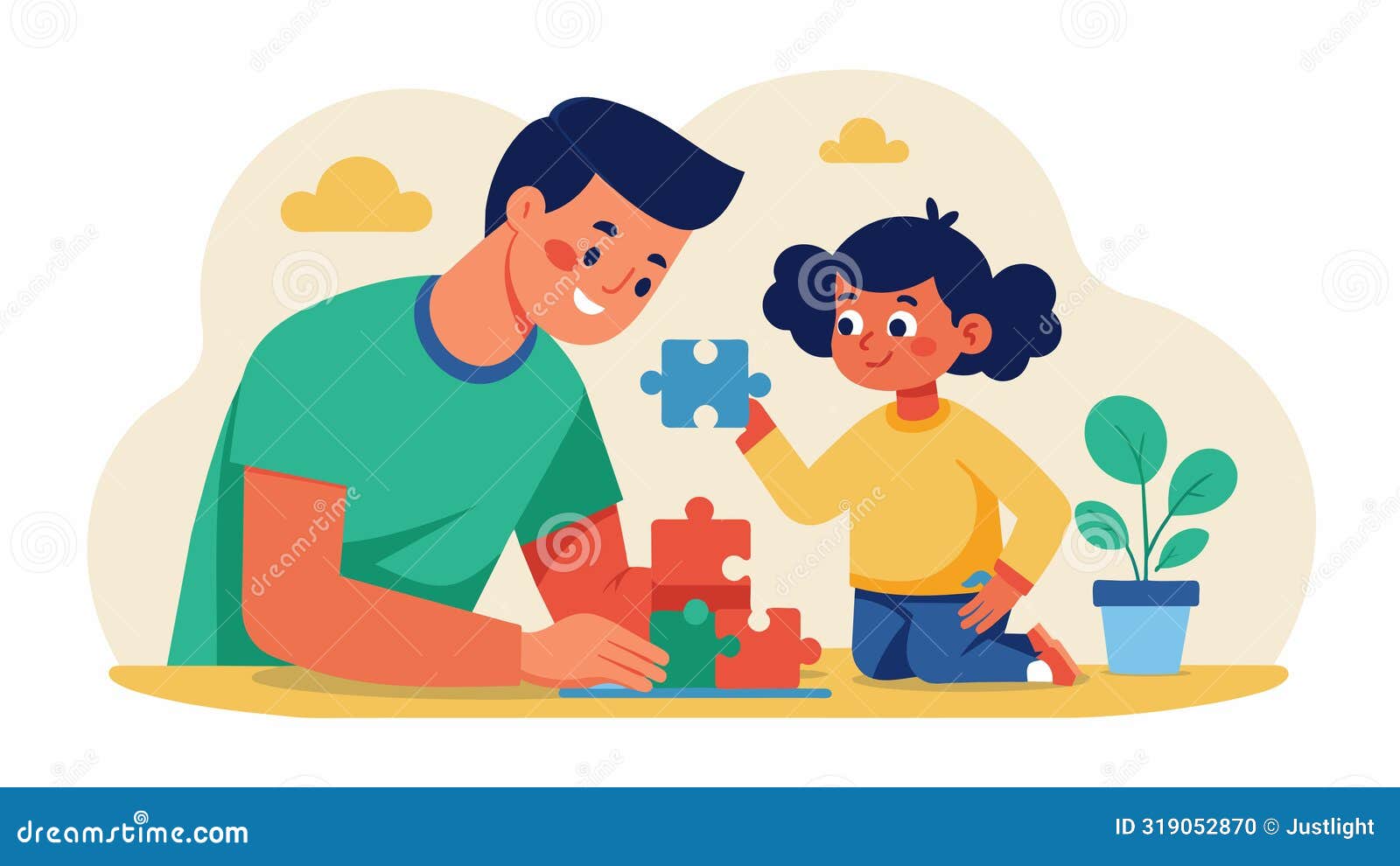 A Parent and Child Work on a Puzzle Together Appreciating the Teamwork ...