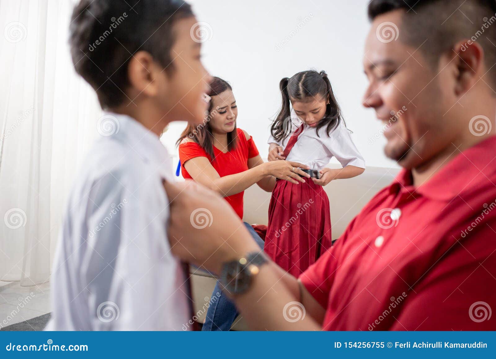 Parent Help Their Children Getting Ready for School Stock Image - Image ...