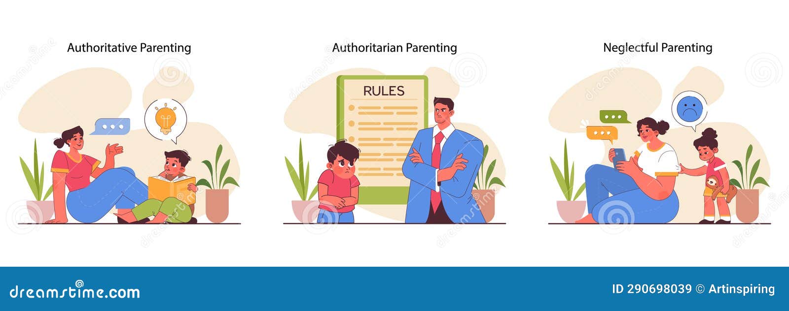 Parenting Styles Set. Different Children Raising Methods Stock Vector ...