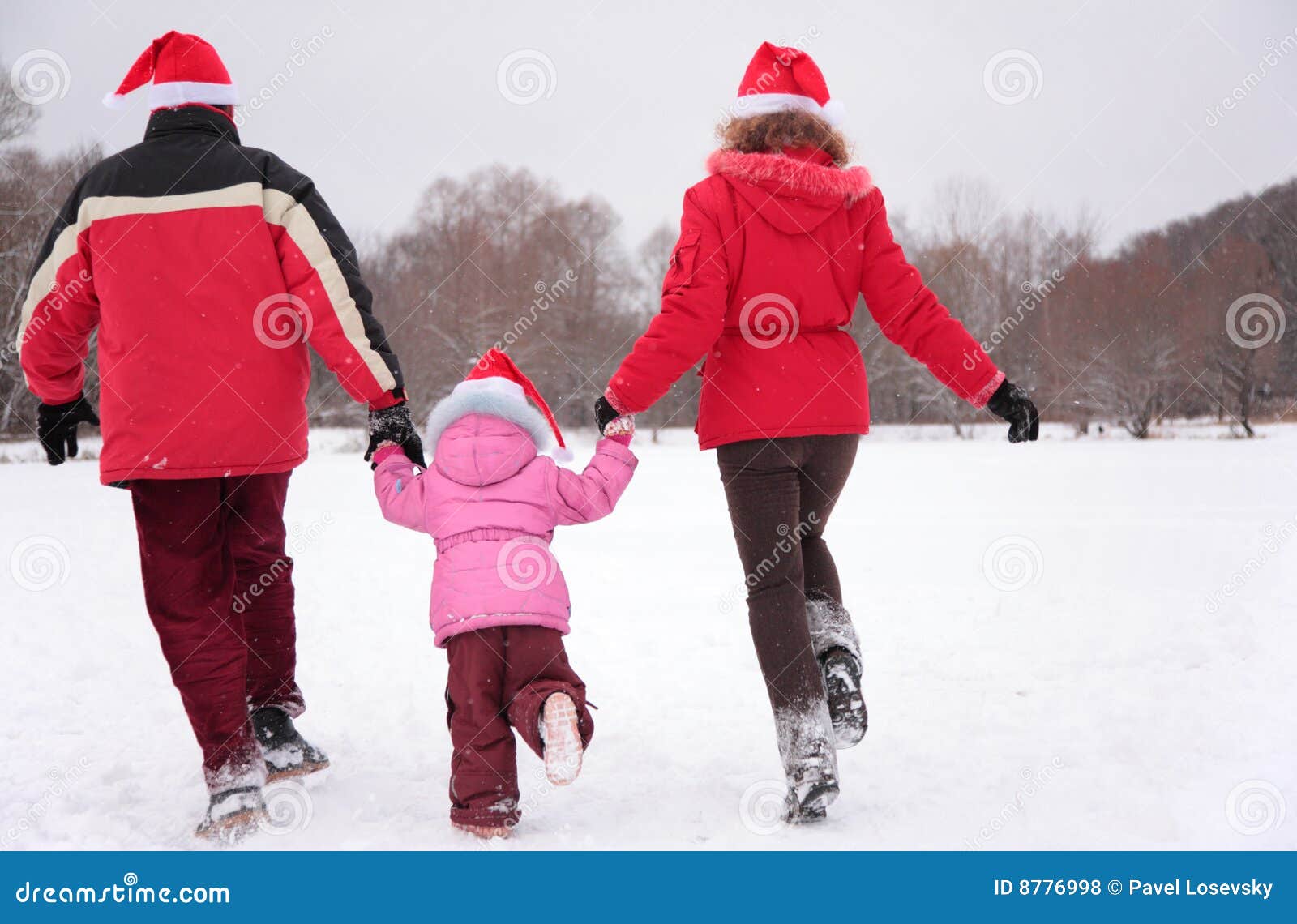 Parents with Child Run in Winter from Back Stock Photo - Image of human ...