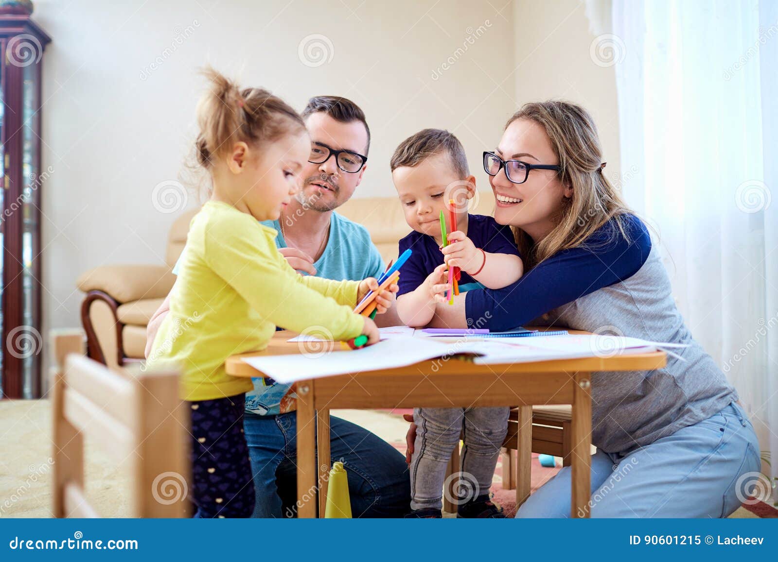 Parents and Children Draw Together in the Room Stock Image - Image of ...