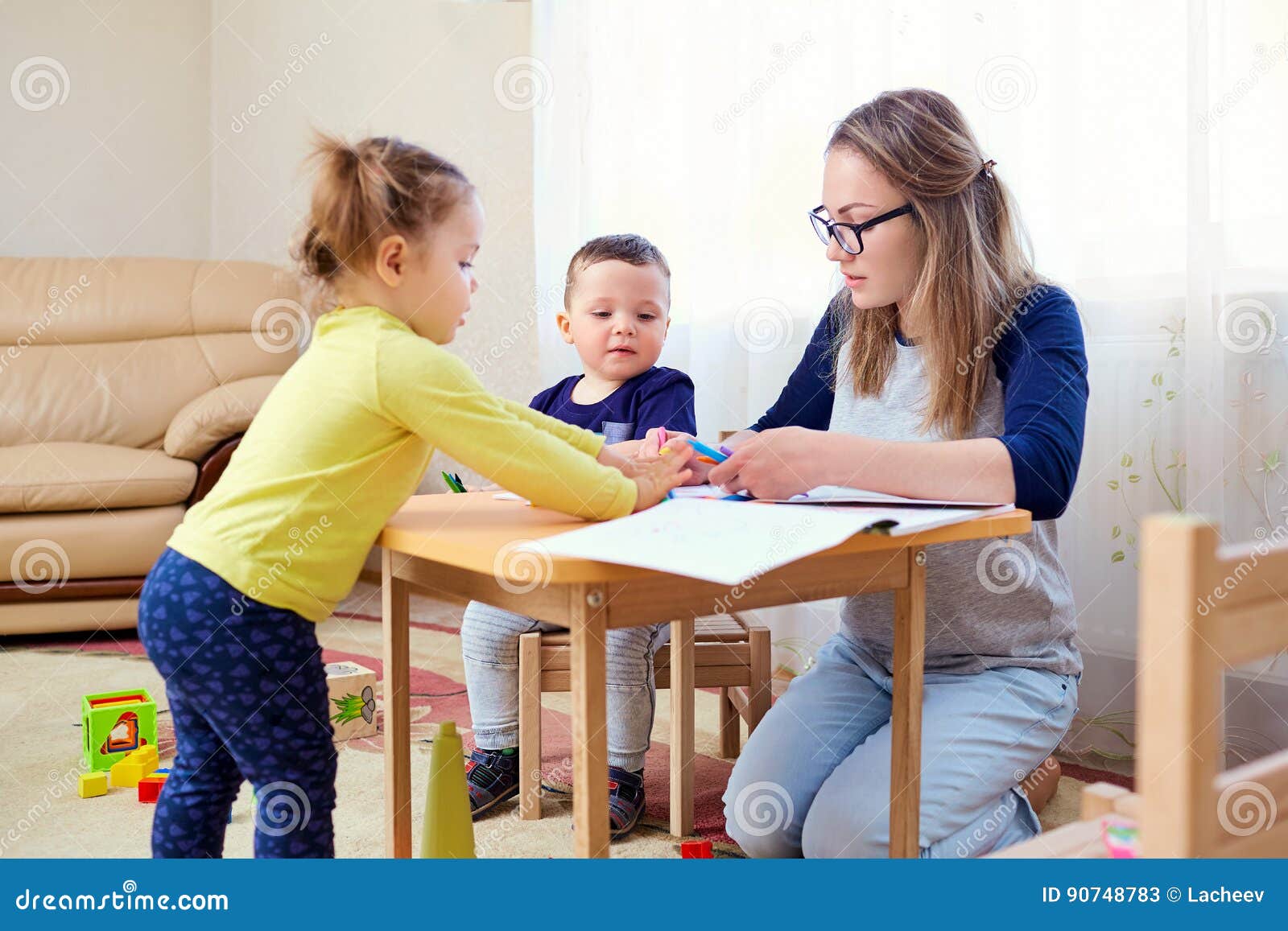 Parents and Children Draw Together in the Room Stock Image - Image of ...
